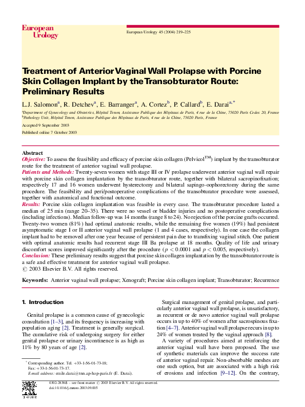 (PDF) Treatment of Anterior Vaginal Wall Prolapse with Porcine Skin ...