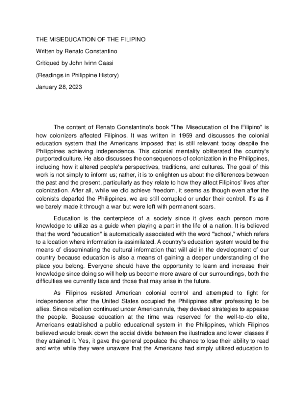 (PDF) THE MISEDUCATION OF THE FILIPINO Written by Renato Constantino Critiqued by John Ivinn Caasi