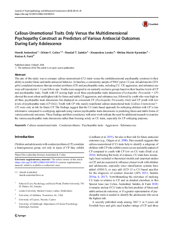 (PDF) Callous-Unemotional Traits Only Versus the Multidimensional ...