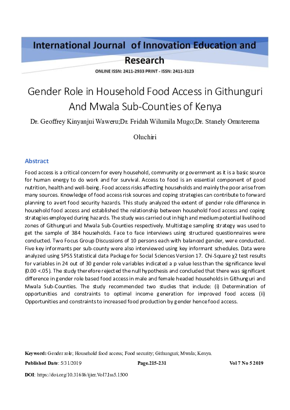 (PDF) Gender Role in Household Food Access in Githunguri And Mwala Sub ...