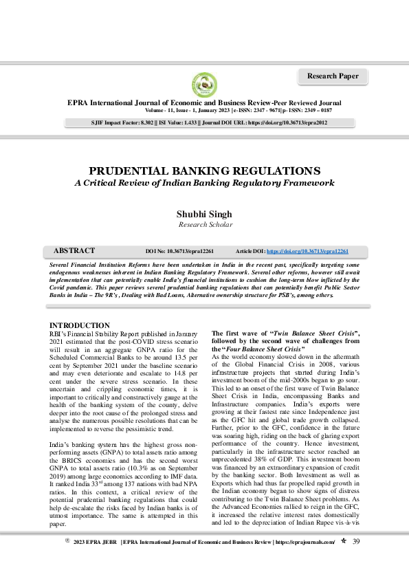 (PDF) PRUDENTIAL BANKING REGULATIONS A Critical Review of Indian ...