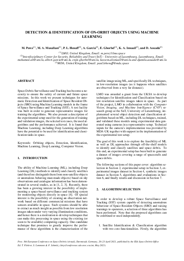 Pdf Detection And Identification Of On Orbit Objects Using Machine Learning