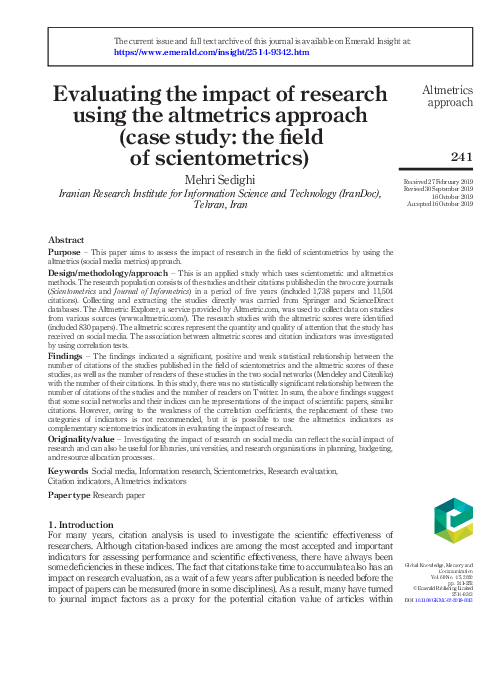 (PDF) Evaluating the impact of research using the altmetrics approach (case study: the field of ...
