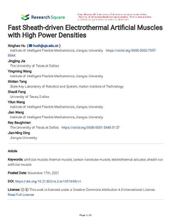 (PDF) Fast Sheath-driven Electrothermal Artificial Muscles with High ...