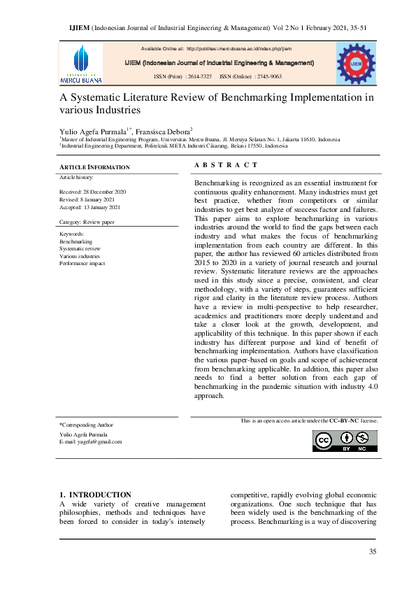 (PDF) A Systematic Literature Review of Benchmarking Implementation in various Industries