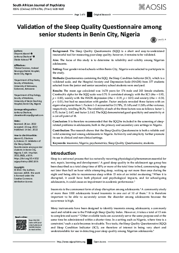 (PDF) Validation of the Sleep Quality Questionnaire among senior ...