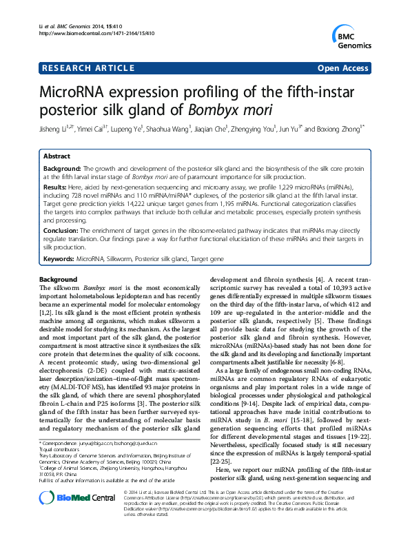 (PDF) MicroRNA expression profiling of the fifth-instar posterior silk gland of Bombyx mori ...