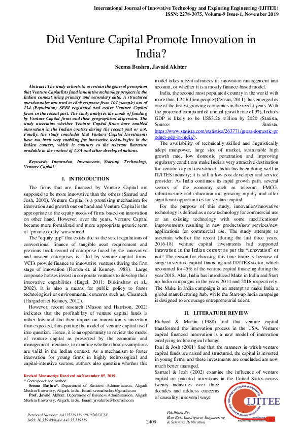 (PDF) Did Venture Capital Promote Innovation in India?