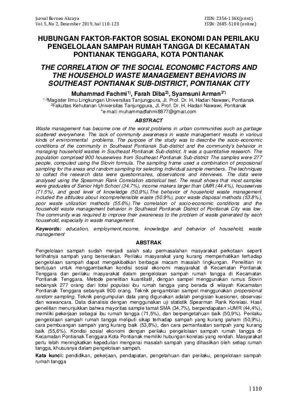 (PDF) Relationship Social Economic Factors and Behavior of Management of Household Waste in ...