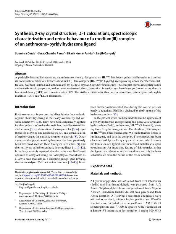 (PDF) Synthesis, X-ray crystal structure, DFT calculation and catalytic ...
