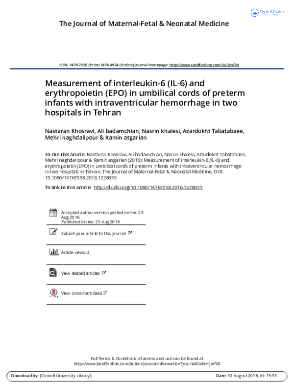 (PDF) Measurement of interleukin-6 (IL-6) and erythropoietin (EPO) in umbilical cords of preterm ...