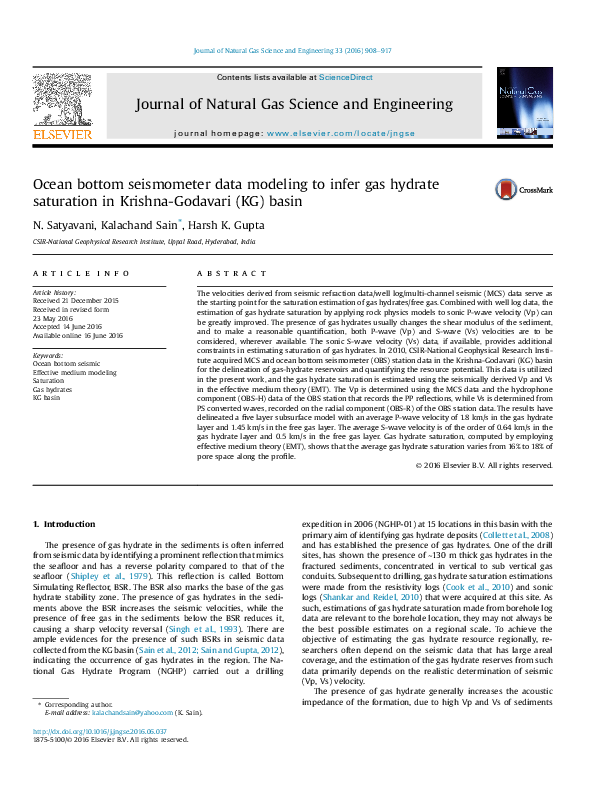 Pdf Gas Hydrate Saturation Estimation In Krishna Godavari Basin