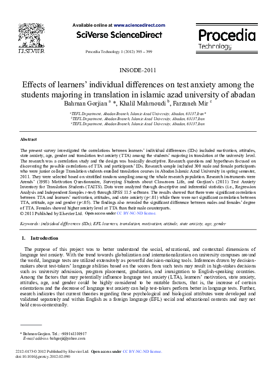(PDF) Effects of learners’ individual differences on test anxiety among ...