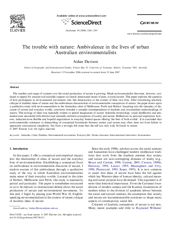 (PDF) The trouble with nature: Ambivalence in the lives of urban ...
