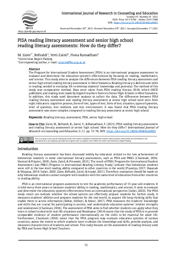 (PDF) PISA reading literacy assessment and senior high school reading ...