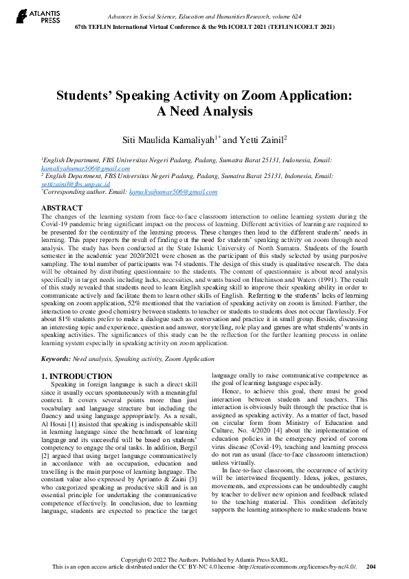(PDF) Students’ Speaking Activity on Zoom Application: A Need Analysis