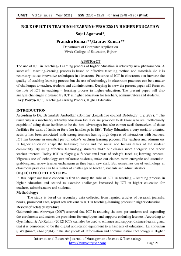 Pdf Role Of Ict In Teaching Learning Process In Higher Education
