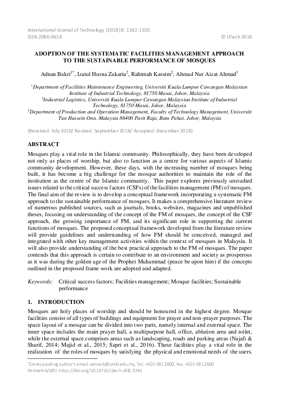 (PDF) Adoption of the Systematic Facilities Management Approach to the ...