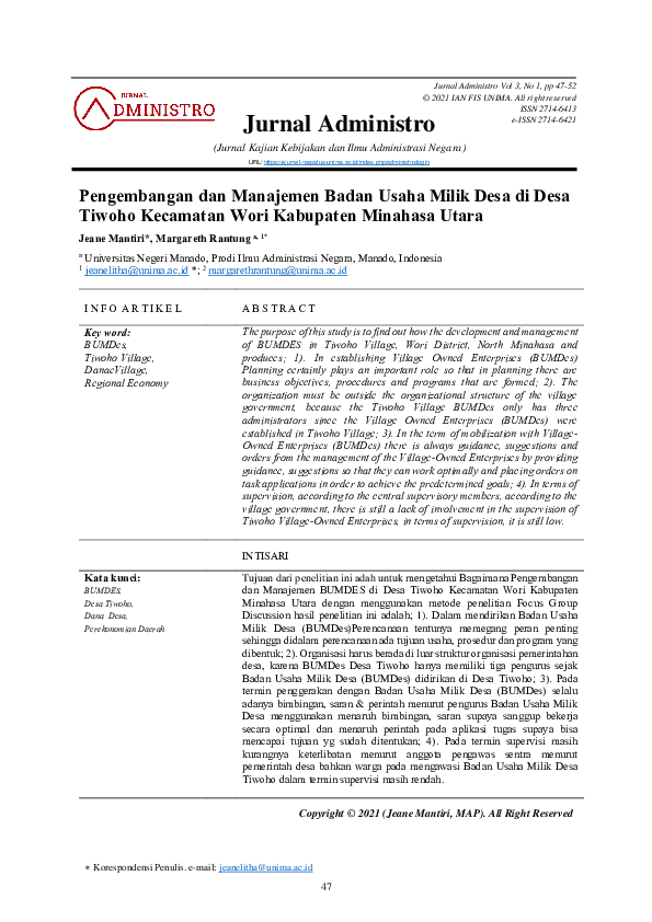 (PDF) Pengembangan dan Manajemen Badan Usaha Milik Desa di Desa Tiwoho Kecamatan Wori Kabupaten ...