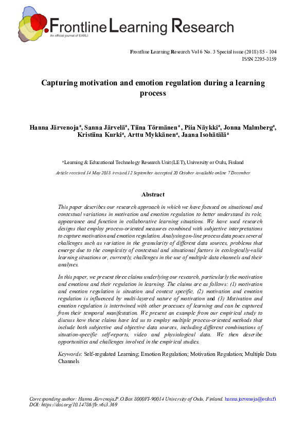 (PDF) Capturing motivation and emotion regulation during a learning process