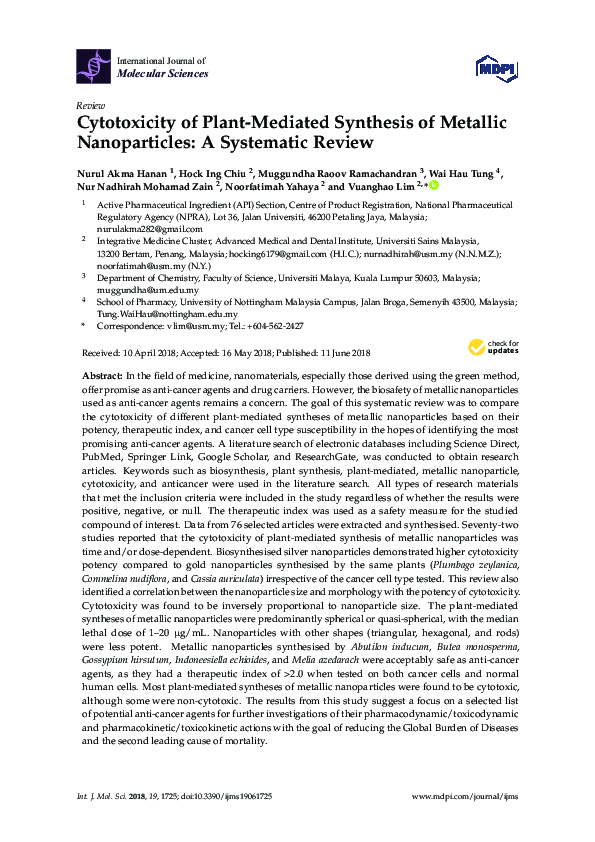 (PDF) Cytotoxicity of Plant-Mediated Synthesis of Metallic Nanoparticles: A Systematic Review ...