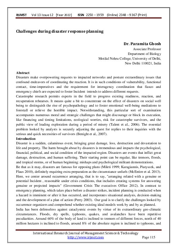 (PDF) Challenges during disaster response planning
