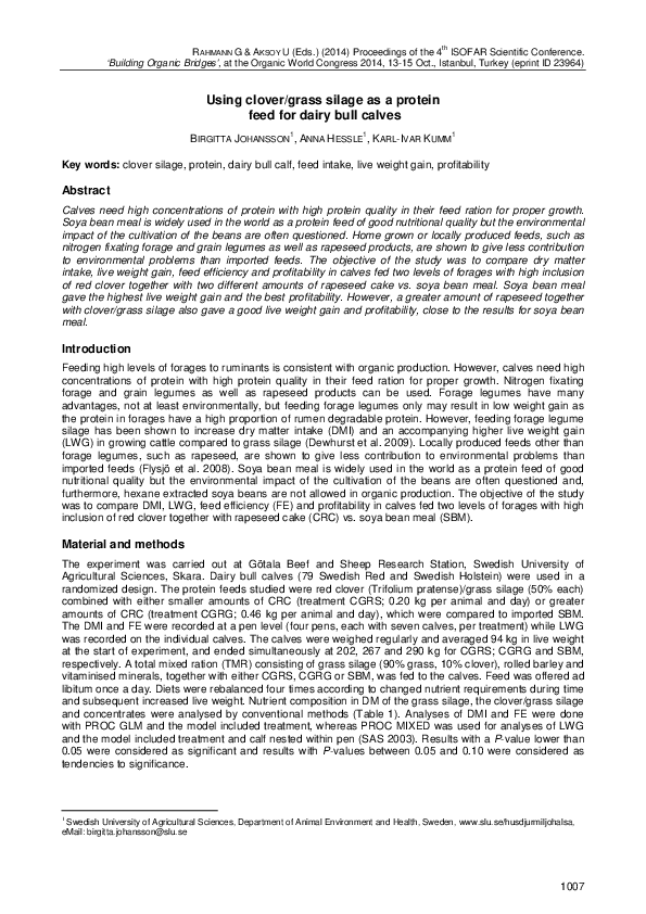 (PDF) Using clover/grass silage as a protein feed for dairy bull calves