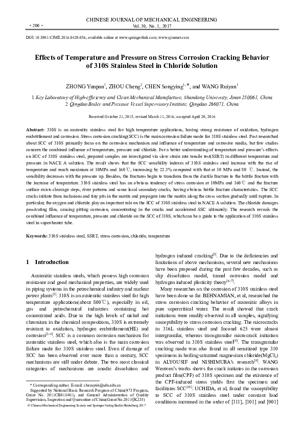 (PDF) Effects of temperature and pressure on stress corrosion cracking behavior of 310S ...