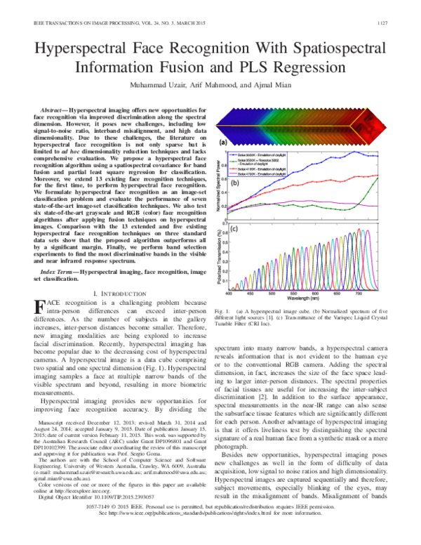 (PDF) Hyperspectral Face Recognition With Spatiospectral Information Fusion and PLS Regression ...