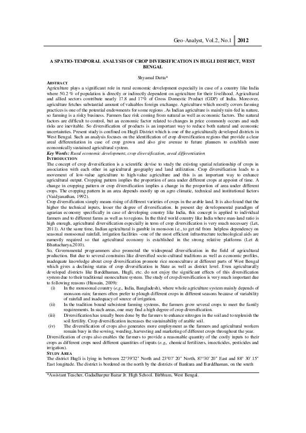 (PDF) A Spatio-Temporal Analysis of Crop Diversification in Hugli District, West Bengal