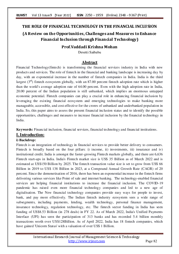 (PDF) THE ROLE OF FINANCIAL TECHNOLOGY IN THE FINANCIAL INCLUSION (A ...