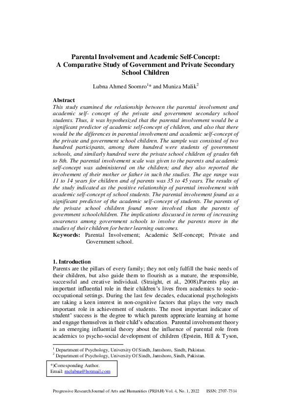 (PDF) Parental Involvement and Academic Self-Concept: A Comparative Study of Government and ...