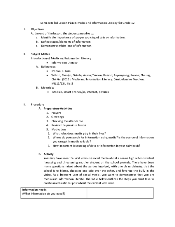 (DOC) Semi-detailed Lesson Plan in Media and Information Literacy for ...