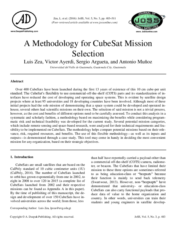 (PDF) A Methodology for CubeSat Mission Selection