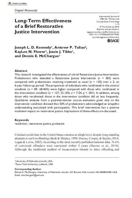 (PDF) Long-Term Effectiveness of a Brief Restorative Justice Intervention