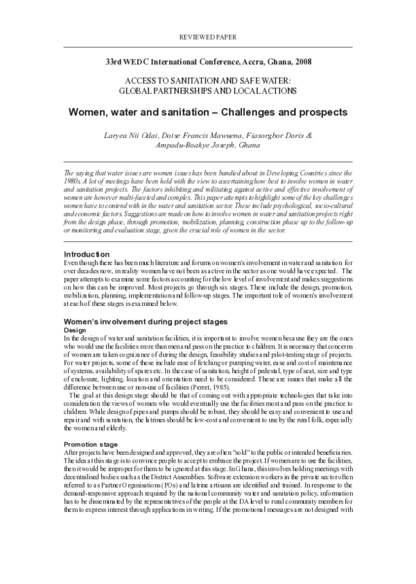 Pdf Women Water And Sanitation Challenges And Prospects