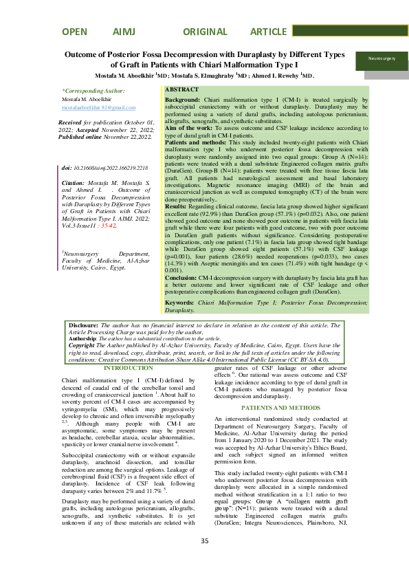 (PDF) Outcome of Posterior Fossa Decompression with Duraplasty by ...