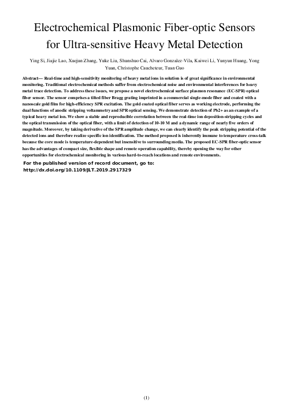 (PDF) Electrochemical Plasmonic Fiber-optic Sensors for Ultra-Sensitive ...