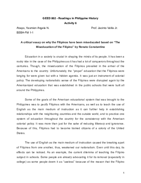 (PDF) A critical essay on why the Filipinos have been miseducated based on “The Miseducation of ...