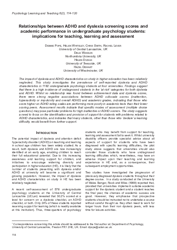(PDF) Relationships between ADHD and Dyslexia Screening Scores and ...