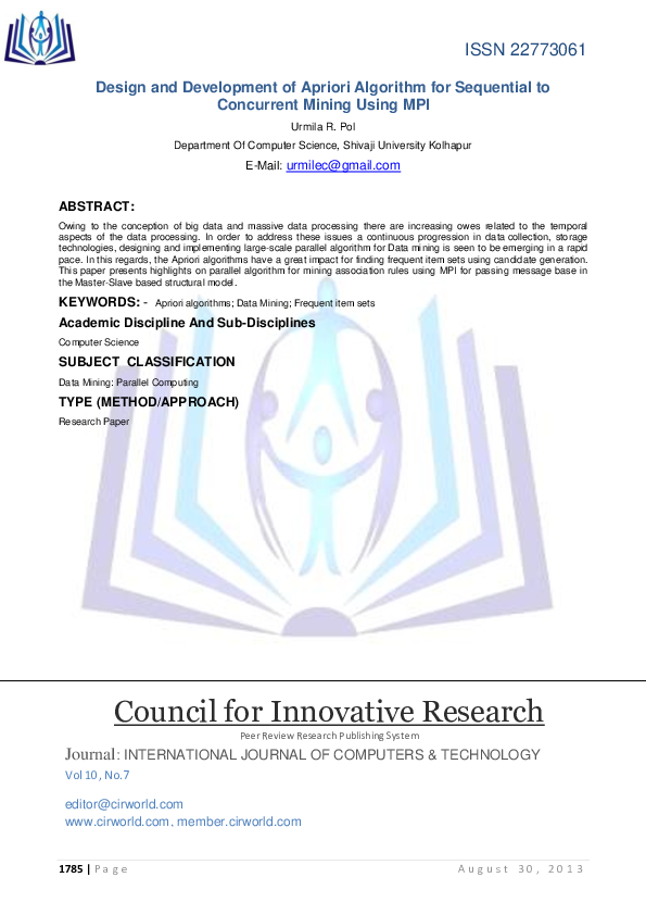 Pdf Design And Development Of Apriori Algorithm For Sequential To Concurrent Mining Using Mpi