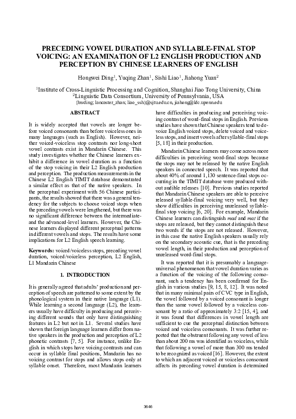 (PDF) Preceding Vowel Duration and Syllable-Final Stop Voicing: An Examination of L2 English ...