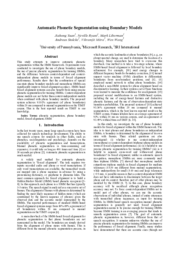 Pdf Automatic Phonetic Segmentation Using Boundary Models