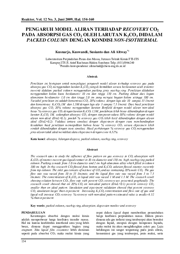 (PDF) Pengaruh Model Aliran Terhadap Recovery CO2 Pada Absorpsi Gas CO2 ...