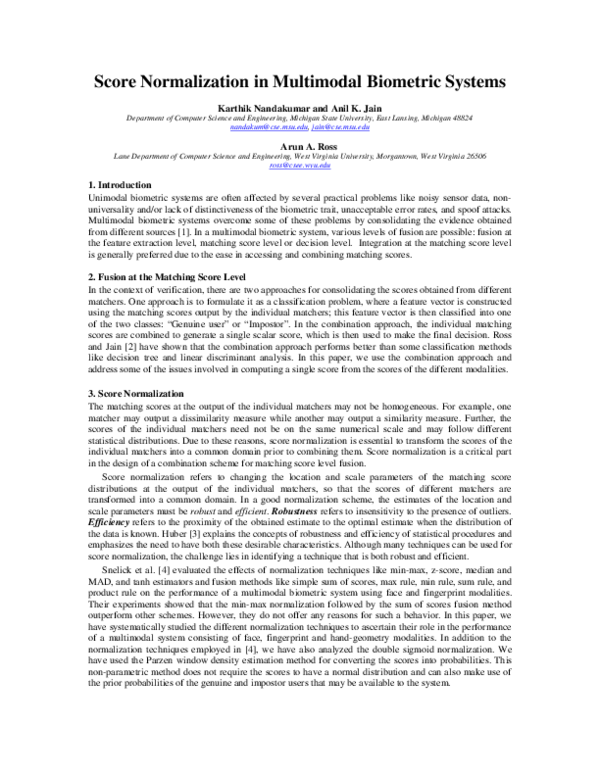 (PDF) Score normalization in multimodal biometric systems