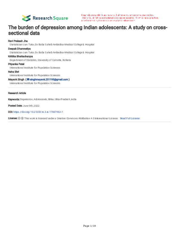 (PDF) The burden of depression among Indian adolescents: A study on ...
