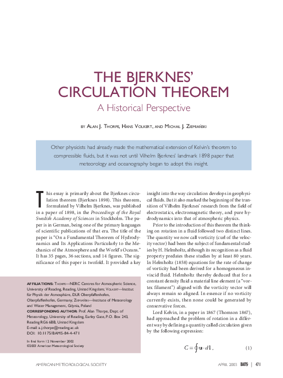 (PDF) The Bjerknes' Circulation Theorem: A Historical Perspective