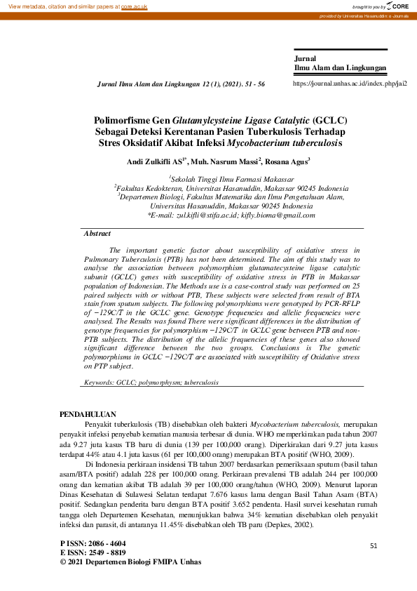 (PDF) Polimorfisme Gen Glutamylcysteine Ligase Catalytic (GCLC) Sebagai Deteksi Kerentanan ...