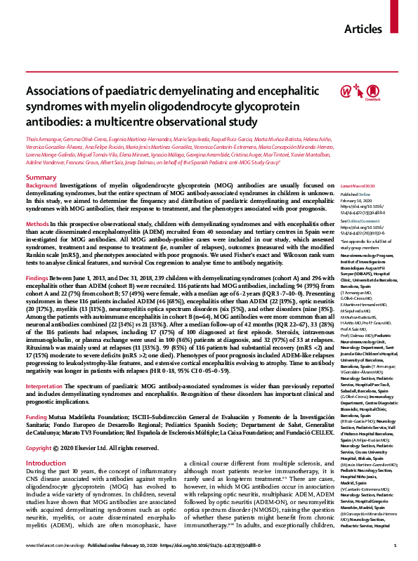 (PDF) Associations of paediatric demyelinating and encephalitic syndromes with myelin ...