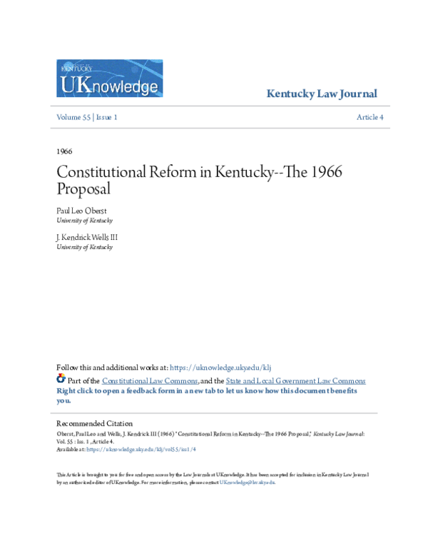 (PDF) Constitutional Reform in Kentucky--The 1966 Proposal